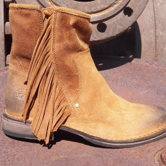 UGG | Shoes | Ugg Layne Fringe Distressed Leather Chestnut Boots | Poshmark